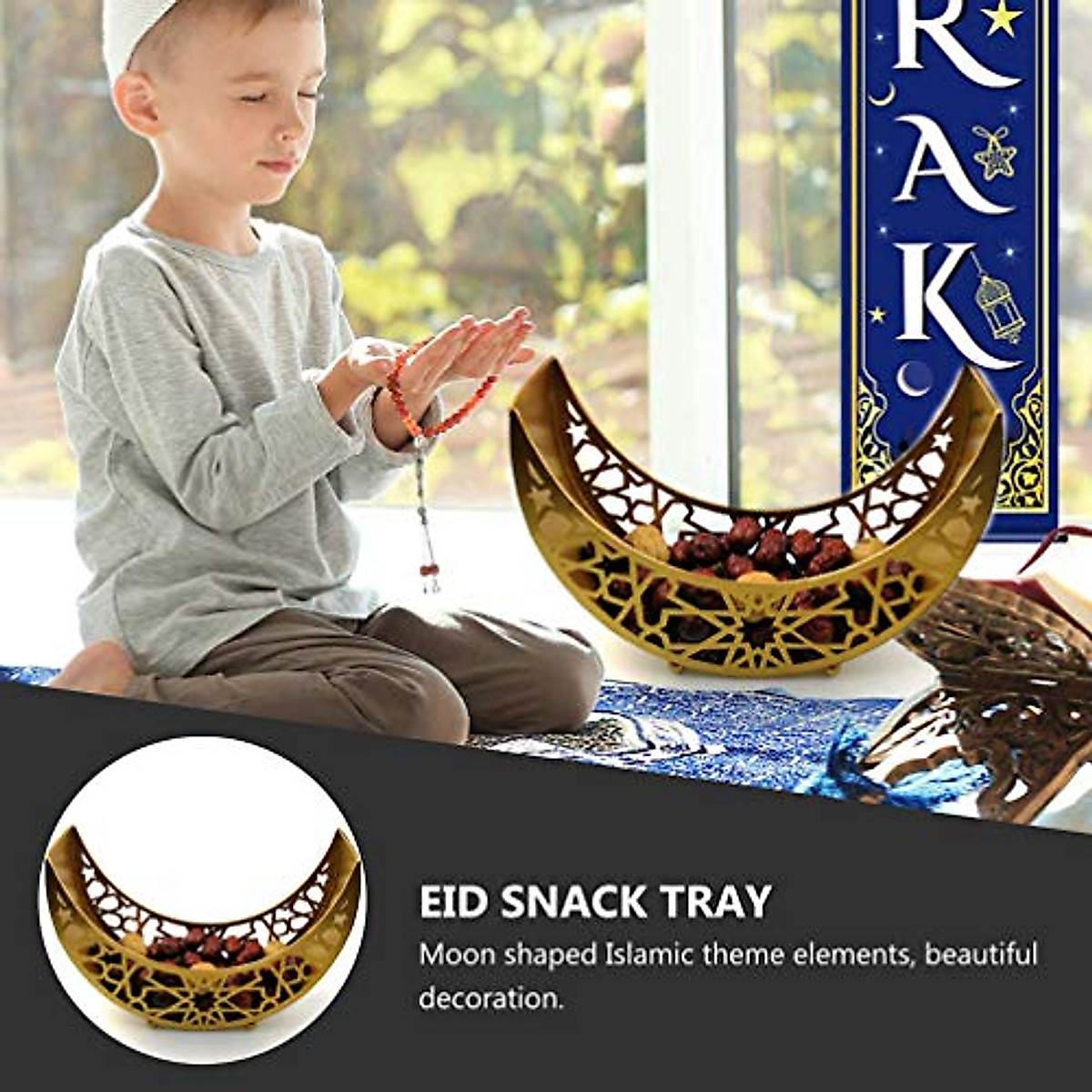 PRETYZOOM Crescent Moon Tray Ramadan Eid Mubarak Trays Platters Moon Dinner Plate Tableware Dessert Food Serving Tray Ramadan Muslim Islamic Party Supply Golden