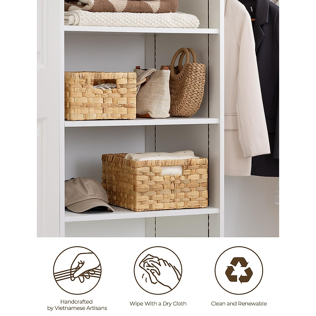 StorageWorks Water Hyacinth Wicker Baskets, Handwoven Rattan Baskets for Organizing, Decorative Wicker Baskets with Built-in Handles, Set of 2