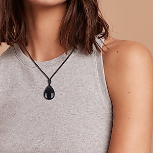 COAI Adjustable Leather Cord Teardrop Black Obsidian Necklace