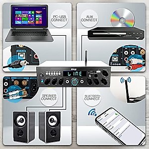 Pyle Compact Bluetooth Stereo Amplifier - 200 Watt Desktop Audio Power Amp Receiver with FM Radio, MP3/USB/SD Readers, Digital LCD Display, Microphone Input - Pyle PDA612BU