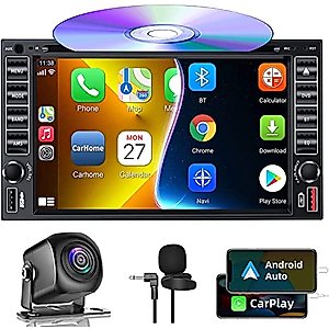 Double Din Car Stereo Radio With CD/DVD Player, Voice Control Carplay & Android Auto, 7 inch Car Audio With HD Touchscreen, Bluetooth, Mirror Link, Backup Camera, SWC, FM/AM, USB/SD, A/V Input (Black)