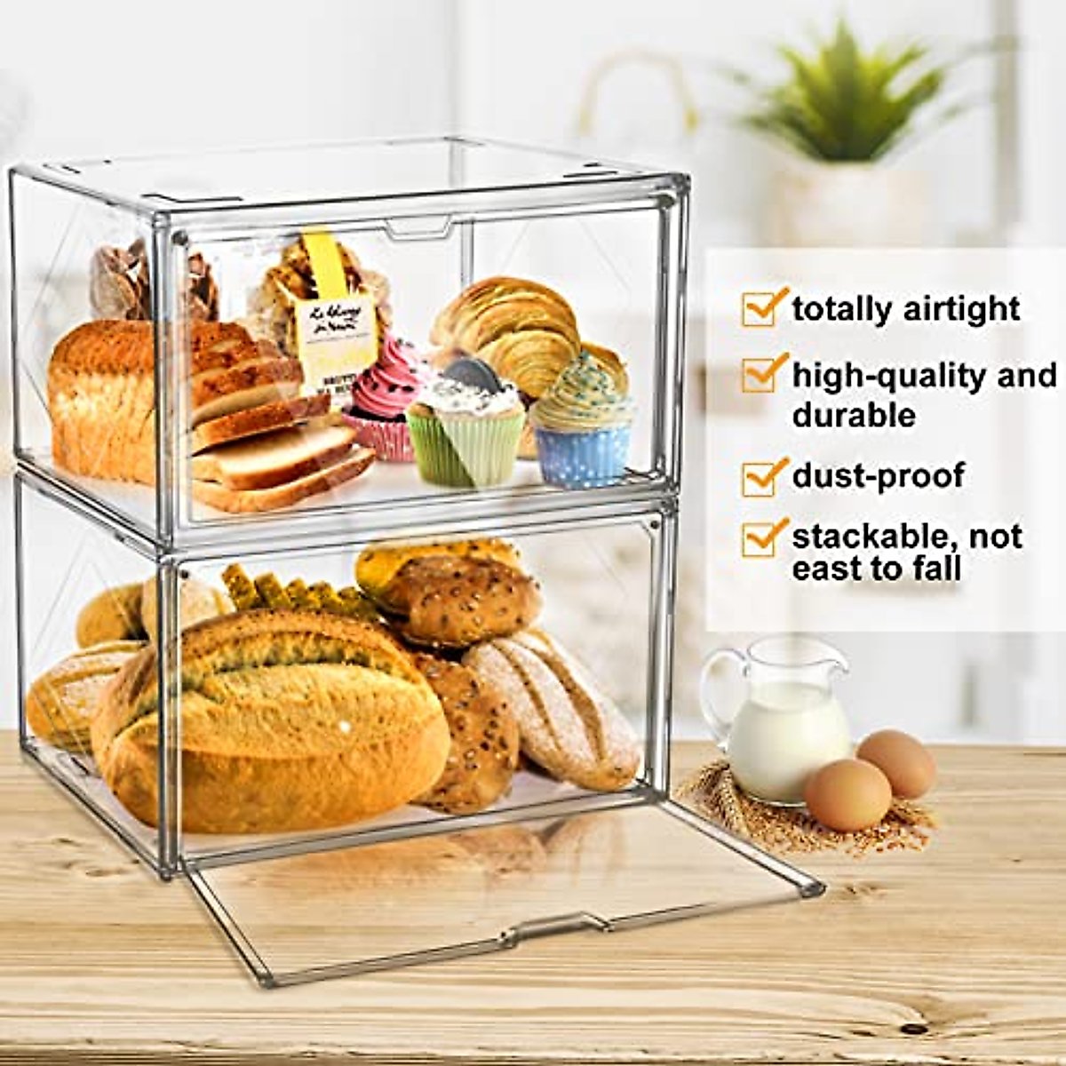 ONLYOILY 2PCS Upgrade Large Bread Box for Kitchen Countertop, Plastic Bread Box Bread Holder, Stackable Double Layer Bread Storage Container, Clear Bread Boxes for Kitchen Countertop, Pantry Storage