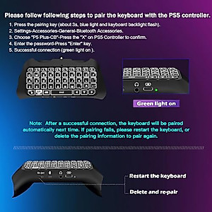 TiMOVO Multi-Color RGB Backlight Keyboard for PS5 Controller, Wireless Bluetooth Keypad Chatpad for PlayStation 5 Controller, Mini PS5 Game Keyboard Built-in Speaker with 3.5mm Audio Jack, Black