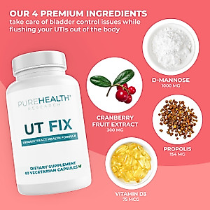 PUREHEALTH RESEARCH UTIFIX D Mannose with Cranberry Long-Term Supplement - D-Mannose for UTI 1000mg Capsules + 300mg Cranberry Extract + Propolis for Urinary Tract Health for Women and Men, 60 Count