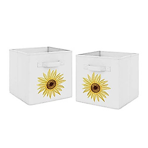Sweet Jojo Designs Yellow, Green and White Sunflower Boho Floral Foldable Fabric Storage Cube Bins Boxes Organizer Toys Kids Baby Childrens - Set of 2 - Farmhouse Watercolor Flower