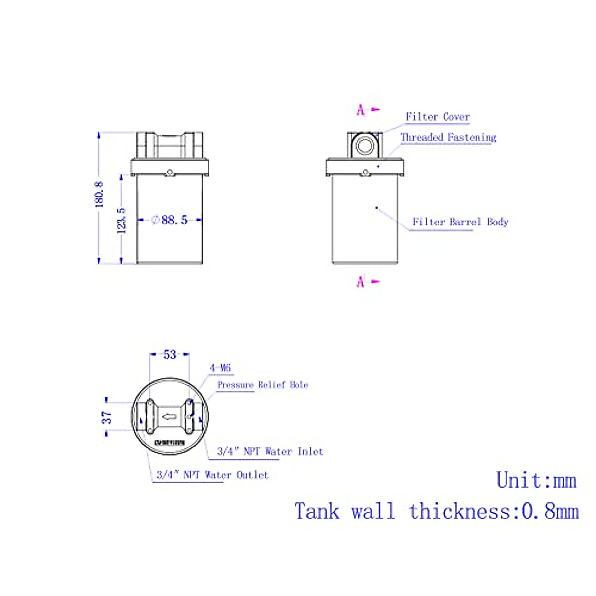 INTBUYING Heavy Duty Water Filter Shell Housing Whole House Water Purification of 304 Stainless Steel -5 inch Filter 3/4 inch NPT Inlet and Outlet with Bracket and Wrench Pin