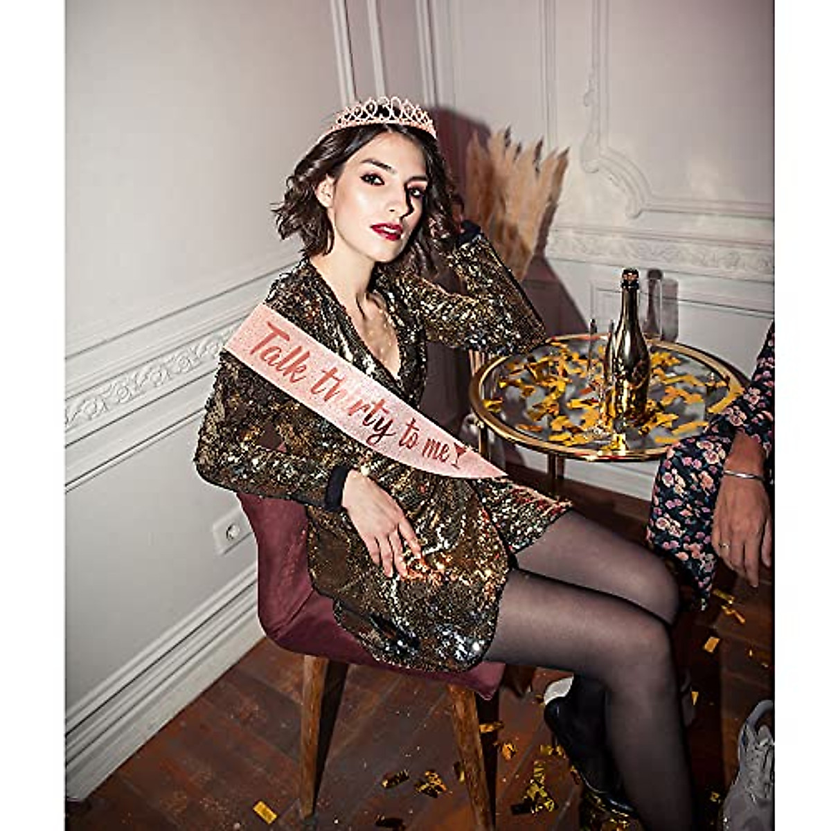 "Talk Thirty to me" Sash & Rhinestone Tiara Set - 30th Birthday Gifts Rose Gold Glitter Birthday Sash for Women Birthday Party Favors