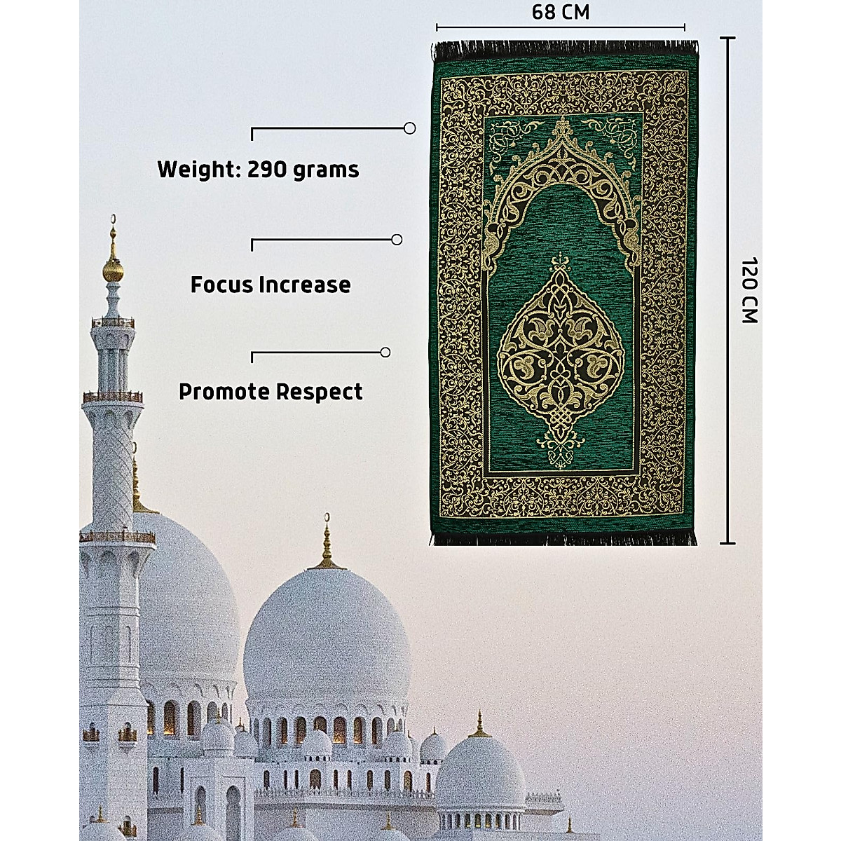 Prien Prayer Rug with Tasbih | Muslim Carpet | Praying Mat with Prayer Beads | Islamic Gifts for Women Men | Islam Portable Pray Set for Travel Kids Ramadan Namaz Hajj Umrah (Green)