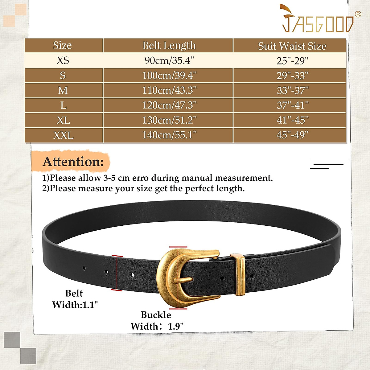 JASGOOD Women's Western Belt Vintage Black Leather Waist Belt for Pants Jeans with Gold Buckle