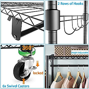 uyoyous 3 Tier Rolling Clothing Rack 73 X 40 Inch Wire Heavy Duty Clothes Rack with Locked Wheels and Side Hooks Rolling Garment Rack Closet Organizer for Bedroom