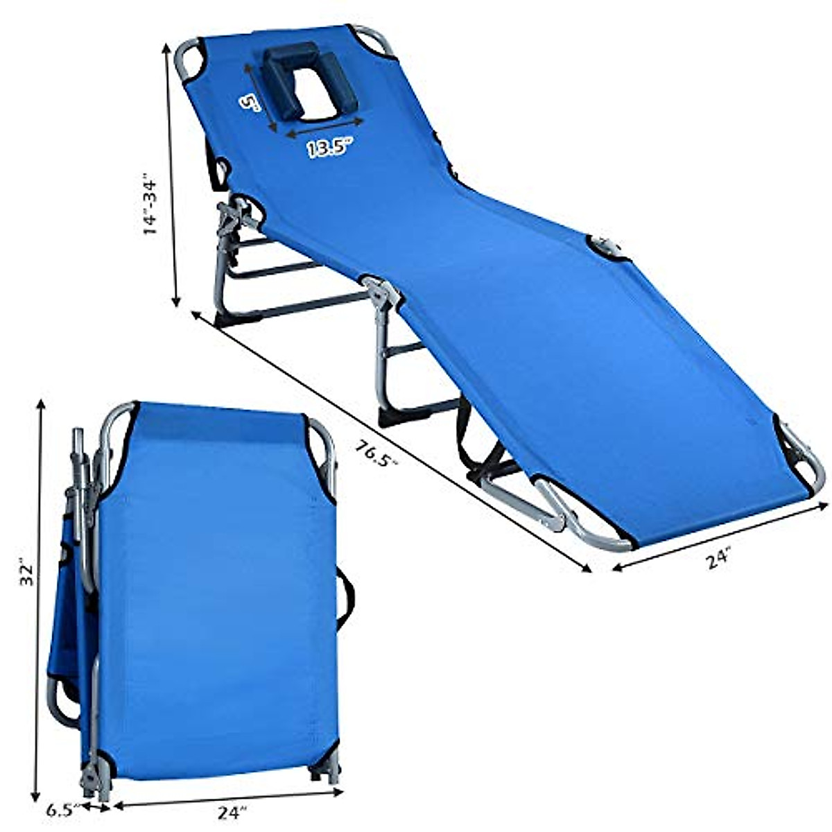 GYMAX Tanning Chair, Beach Lounge Chair with Face Hole, 5 Level Adjustable Backrest, Removable Pillow & Carry Handle, Adult Layout Sunbathing Chair for Outside Beach Poolside Lawn Patio (1, Blue)