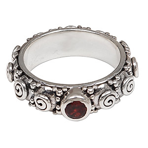 NOVICA Artisan Handmade Garnet Singlestone Ring Sterling Silver from Indonesia Red Birthstone [crownbezel 0.2 in H x 0.2 in Diam. Band Width 6 mm W] ' Swirls of Joy in Red'