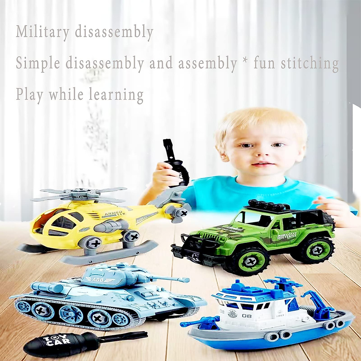 KAMINRUN Take Apart Truck Toys ，4 Pack Friction Powered Cars Construction Vehicles Toy Set Drilling Rig, Loader, Excavator, Road Roller for Year Old Boy Girl Kid Gift