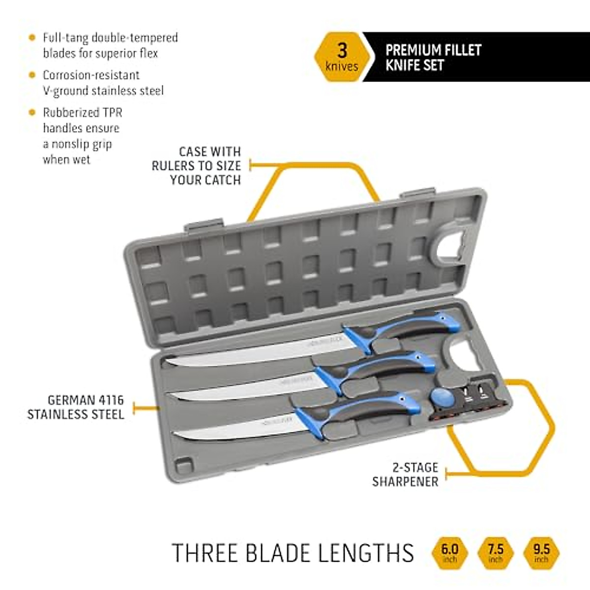 OUTDOOR EDGE Fillet Knife Set | ReelFlex Pak Features 3 Razor-Sharp Flexible Fillet Knives | 6", 7.5" & 9" German Stainless Blades, Non-Slip Handles, Sharpener & Hard Case | Fishing Gear & Equipment