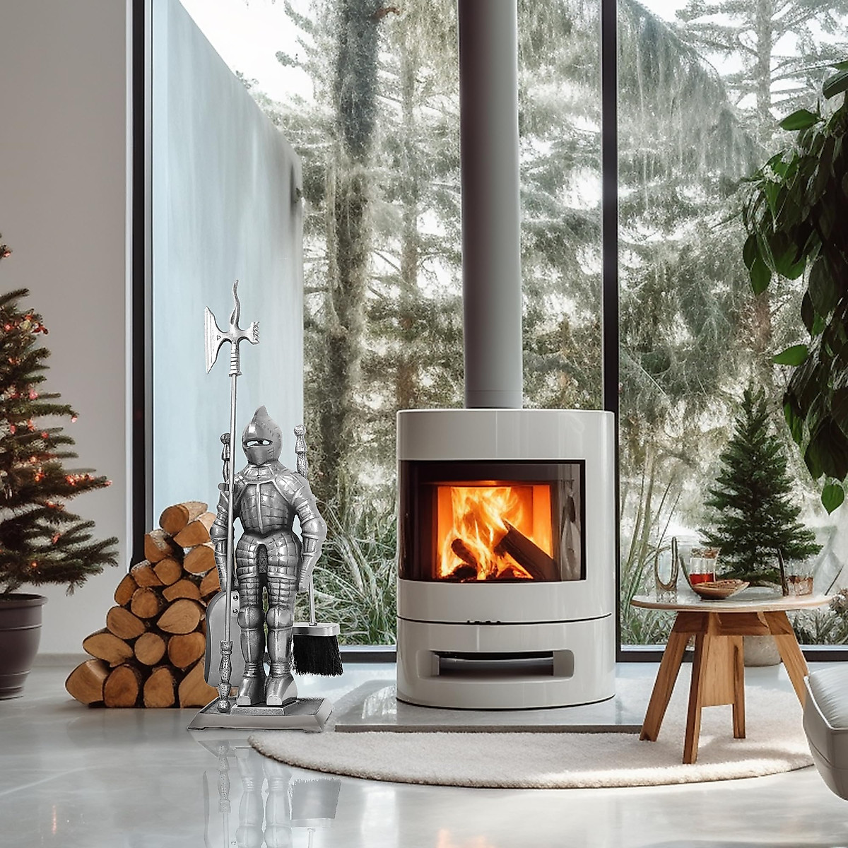 Lizh Middle Ages Knight Cast Iron Fireplace Tool Set ,Antique Brass