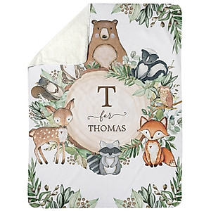 NAZENTI Woodland Blanket, Personalized Baby Girl Blanket, Rustic Botanical Woodland Baby Animals Monogram Baby Blanket, Baby Boy Blanket, (30x40, 50x60, 60x80 Inches)
