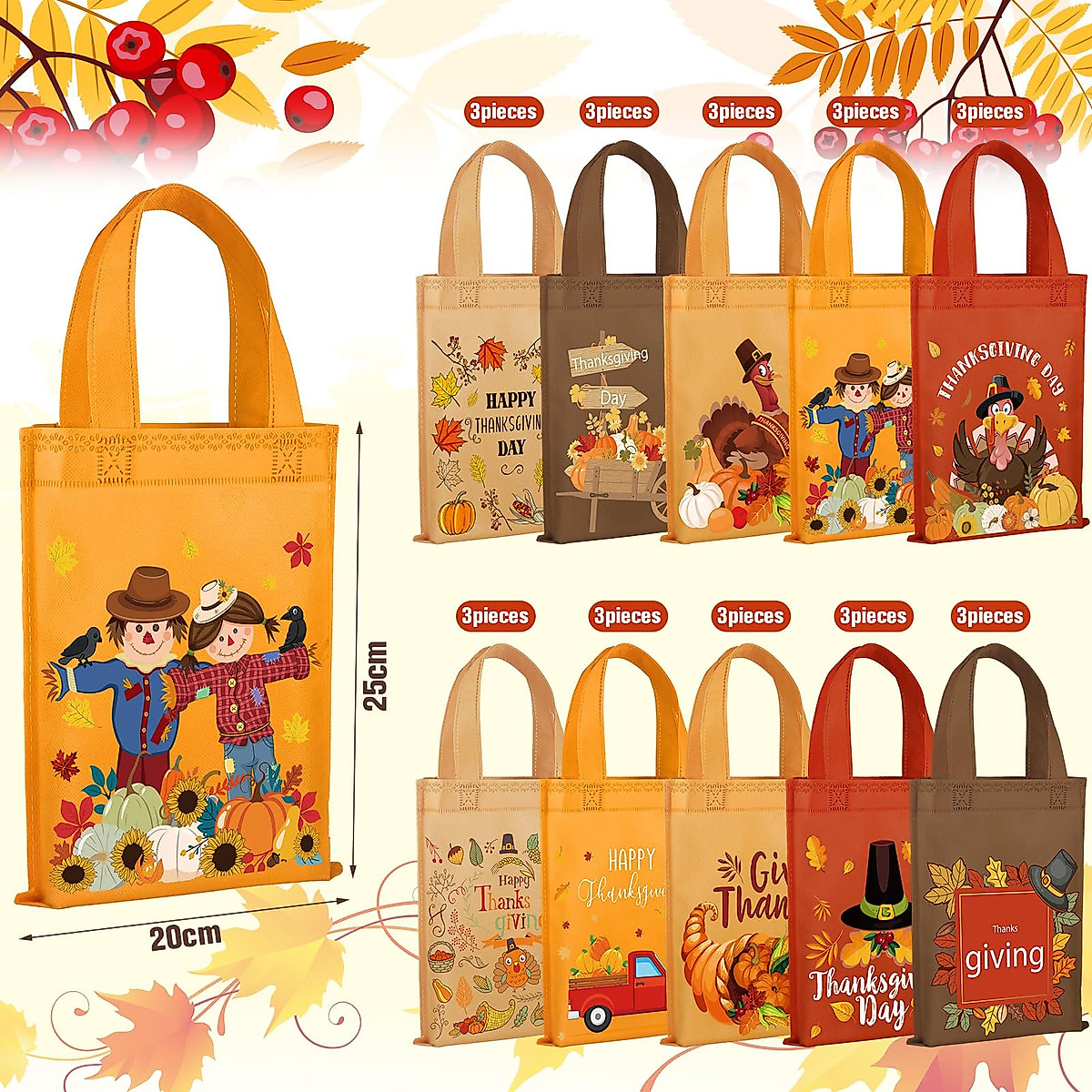 Abbylike 30 Pcs Thanksgiving Day Gift Bags Fall Non Woven Tote Bags Thanksgiving Party Favor Bags with Handle Waterproof Pumpkin Turkey Shopping Bags Reusable Gift Bag for Thanksgiving Party Supplies
