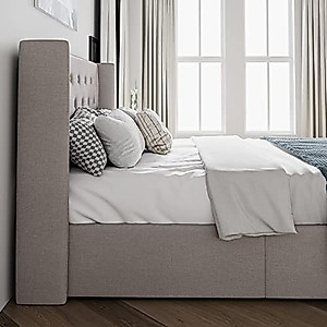 SHA CERLIN King Size Lift Up Storage Bed/Button Tufted Wingback Headboard/Hydraulic Storage/Upholstered Platform Bed Frame/No Box Spring Needed/Wood Slats Support/Light Beige