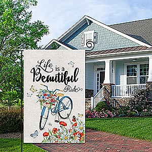 AGMdesign Life is a Beautiful Ride Garden Flag, Bicycle Ride Decorative Spring Summer Floral Garden Flag, Double Sided Waterproof Burlap Yard Flag Seasonal Summer Outdoor Decoration 12.5 x 18 Inch