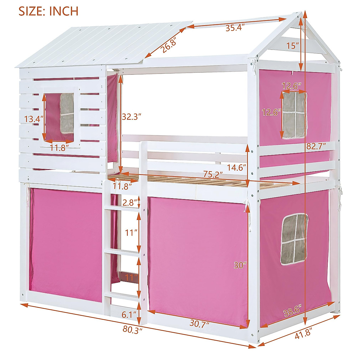Merax Twin Over Twin Bunk Bed with Tent, Wood Twin Size House Bed Frame, Pink+White