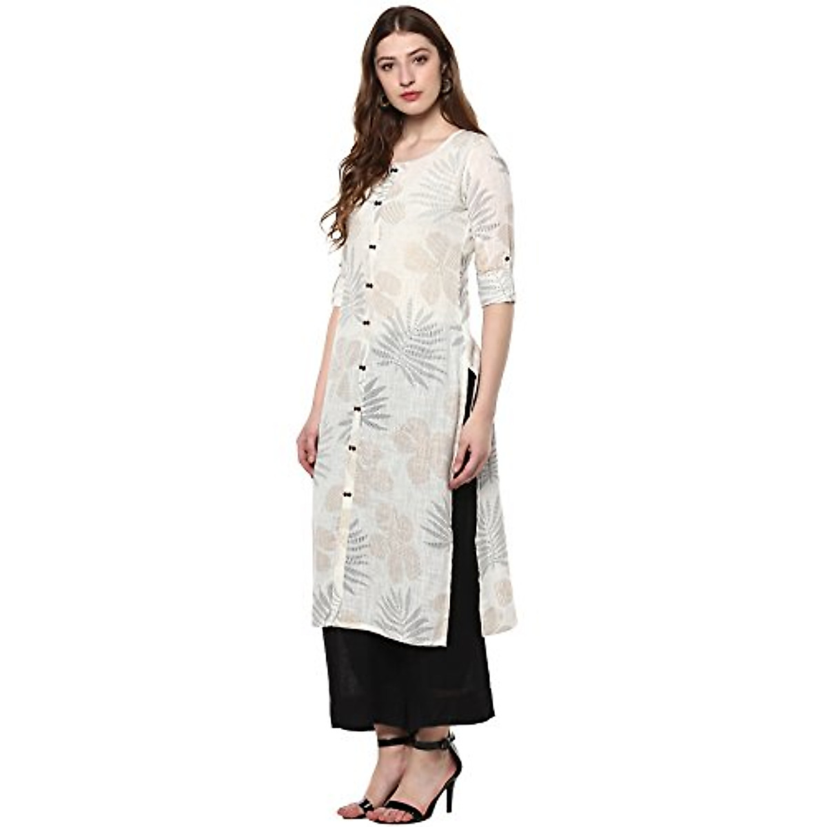 Janasya Indian Women's Tunic Tops Cotton Kurti for Women(JNE2171-KR-437-M) Off-White