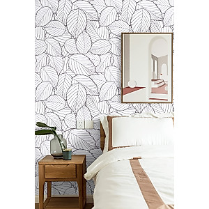 Kitico Gray Leaf Wallpaper 17.7''x197'' Modern Gray Leaf Peel and Stick Wallpaper Removable Self Adhesive Wallpaper White and Gray Leaves Contact Paper forBedroom Home Decoration