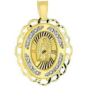 Jewelry America 14k Yellow Gold Fancy Our Lady of Guadalupe Mary CZ Studded Oval Medallion Charm Pendant