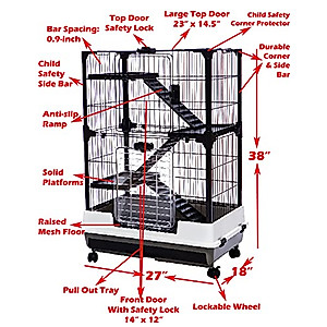 Large Multi-Level Indoor Outdoor Small Animal Cage for Guinea Pig Ferret Chinchilla Cat Playpen Rabbit Hutch with Solid Platform & Ramp Leakproof Litter Tray Large Access Doors (Black, 4-Level)