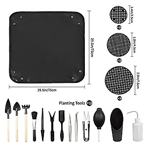 FLMOUTN Foldable Plant Repotting Mat, Gardening Mat with 13Pcs Mini Garden Tools Set and 30Pcs Pot Hole Mesh Pads, Succulent Tool Set for Indoor Miniature Fairy Garden Plant Care