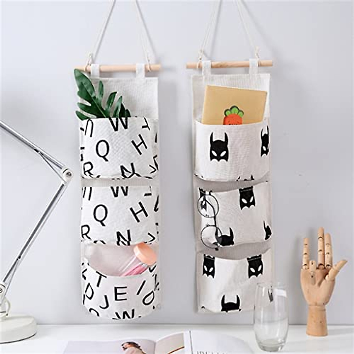WALNUTA Cotton Black White Pattern Cotton Linen Hanging Storage Bag 3 Pocket Wall Hanging Wardrobe Hanging Bag (Color : E, Size : 67x20cm)