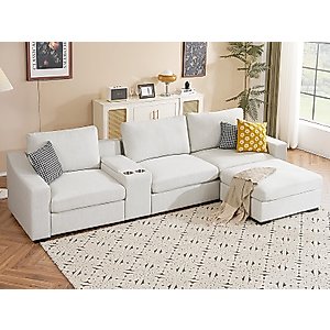 ELUCHANG Oversized Sectional Fabric Sofa with Console, 2 Cup Holders and Storage Space, Large L Shaped Couch, Sofa Covers Removable, 133.2 inch Width, 4 Seat Modular Sofa for Living Room, Linen, Ivory