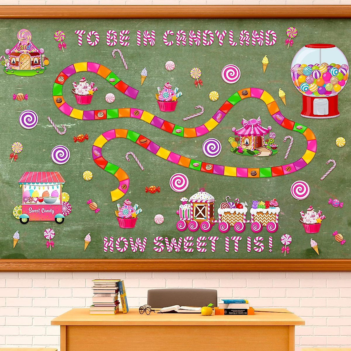 Outus Candyland Ice Cream Bulletin Board Decor Set Classroom Decoration Candy Land Ice Cream Cutout with Glue Points for Candy Birthday Party Classroom School Office Supply Halloween Decor (Candyland)