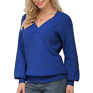 Feiersi Women's Off Shoulder Sweater Long Sleeve Loose Tops V-Neck Pullover Knit Jumper(Royal Blue,Large)