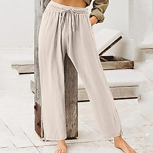 ZDJNSZTM Wide Leg Pants for Women 2023 Summer Linen Cotton High Waisted Drawstring Loose Long Baggy Palazzo Pant Trousers with Pockets Beige