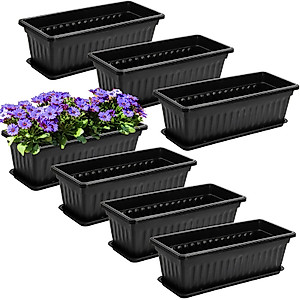 Fasmov 7 Pack 17 Inches Flower Window Box Plastic Vegetable Planters with Trays Vegetables Growing Container Garden Flower Plant Pot with 7 Pcs Plant Labels for Balcony, Patio, Garden, Black
