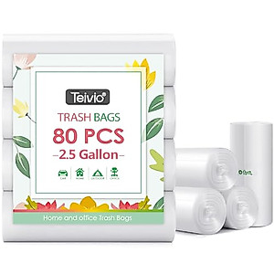 2.5 Gallon Strong Trash Bags Garbage Bags by Teivio, Bathroom Trash Can Bin Liners, Small Plastic Bags for Home Office Kitchen, Clear, (80 Counts)