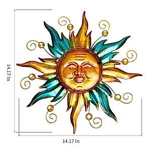 14 Inch Metal Sun Wall Art Decor Hanging Wall Decor,Sunface Wall Sculpture Glass Hanging Ornament,Home Decor Artistic Sun Face Metal Wall Sculpture for Home/Garden/Yard/Farmhouse