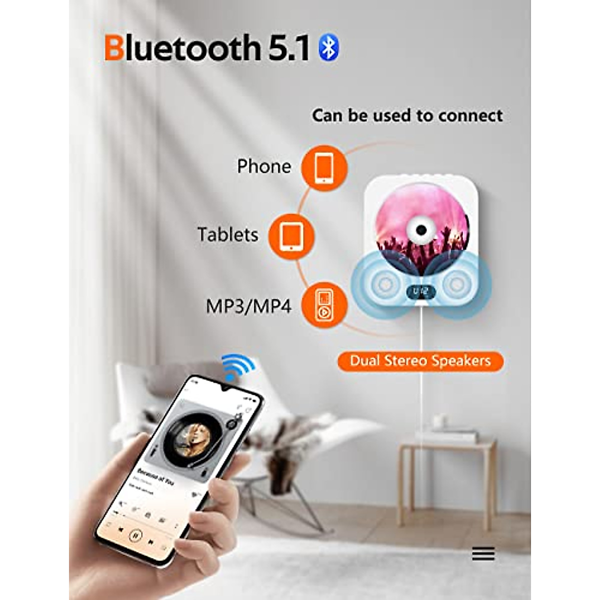 CozySound Portable CD Player Bluetooth for Home, Wall Mountable Desktop Kpop Music Players, Convert CDs to MP3, with Stereo Speakers, Remote, FM Radio, AUX Jack, Support U Disk/TF