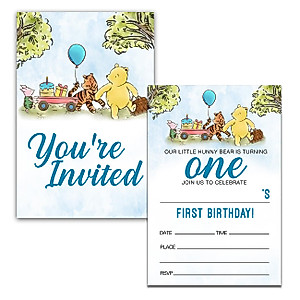 Dolimifa Winnie the Pooh 1st First Birthday Invitations Fill in Style Classic Our Little Hunny Bear 1st Birthday Invites, 20 Count With Envelopes