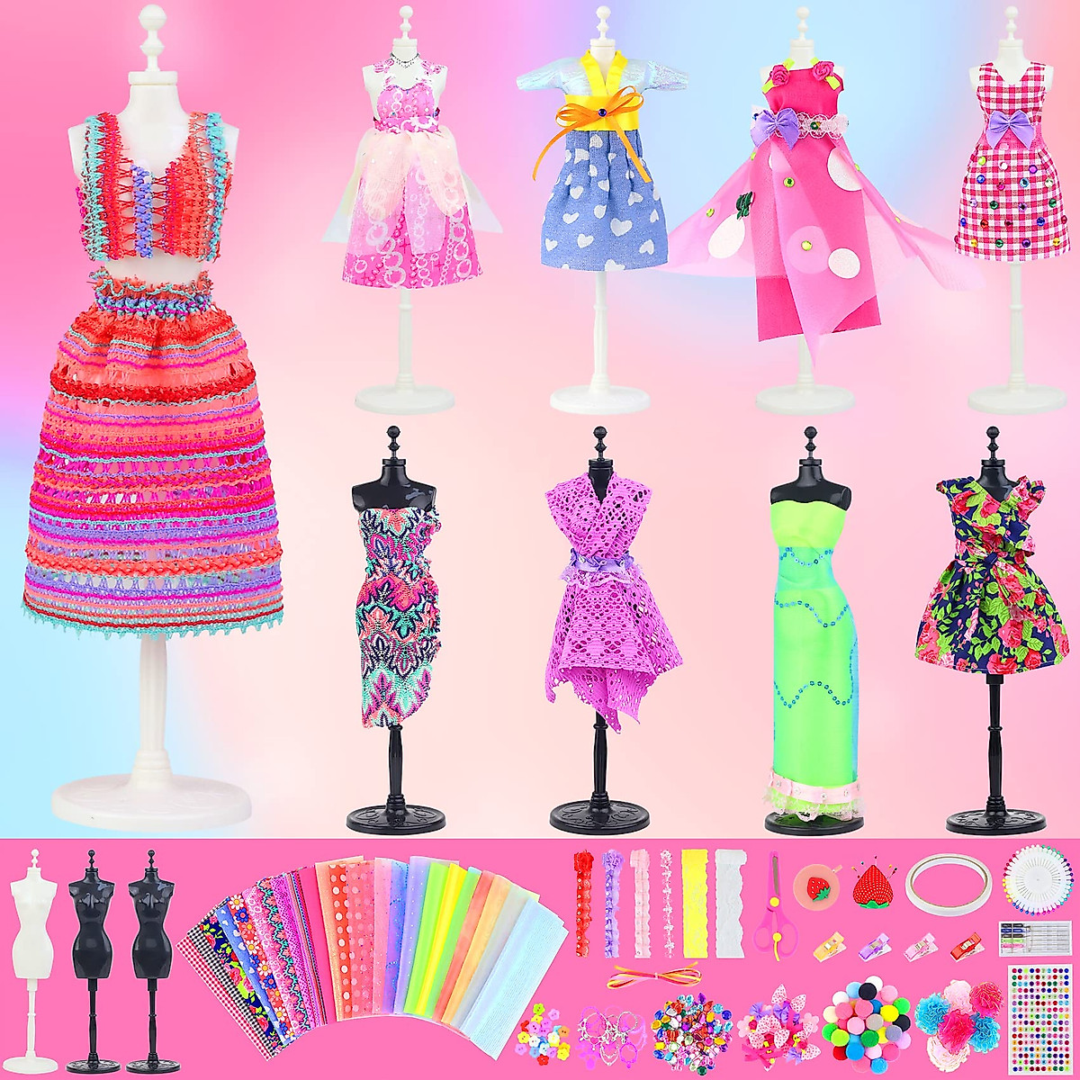 Ecore Fun 448 Pcs Fashion Design Kit for Girls Doll Accessories DIY Set Creativity DIY Arts & Crafts Toys with Mannequins Gift for 6-8 8-12 Year Old Girl