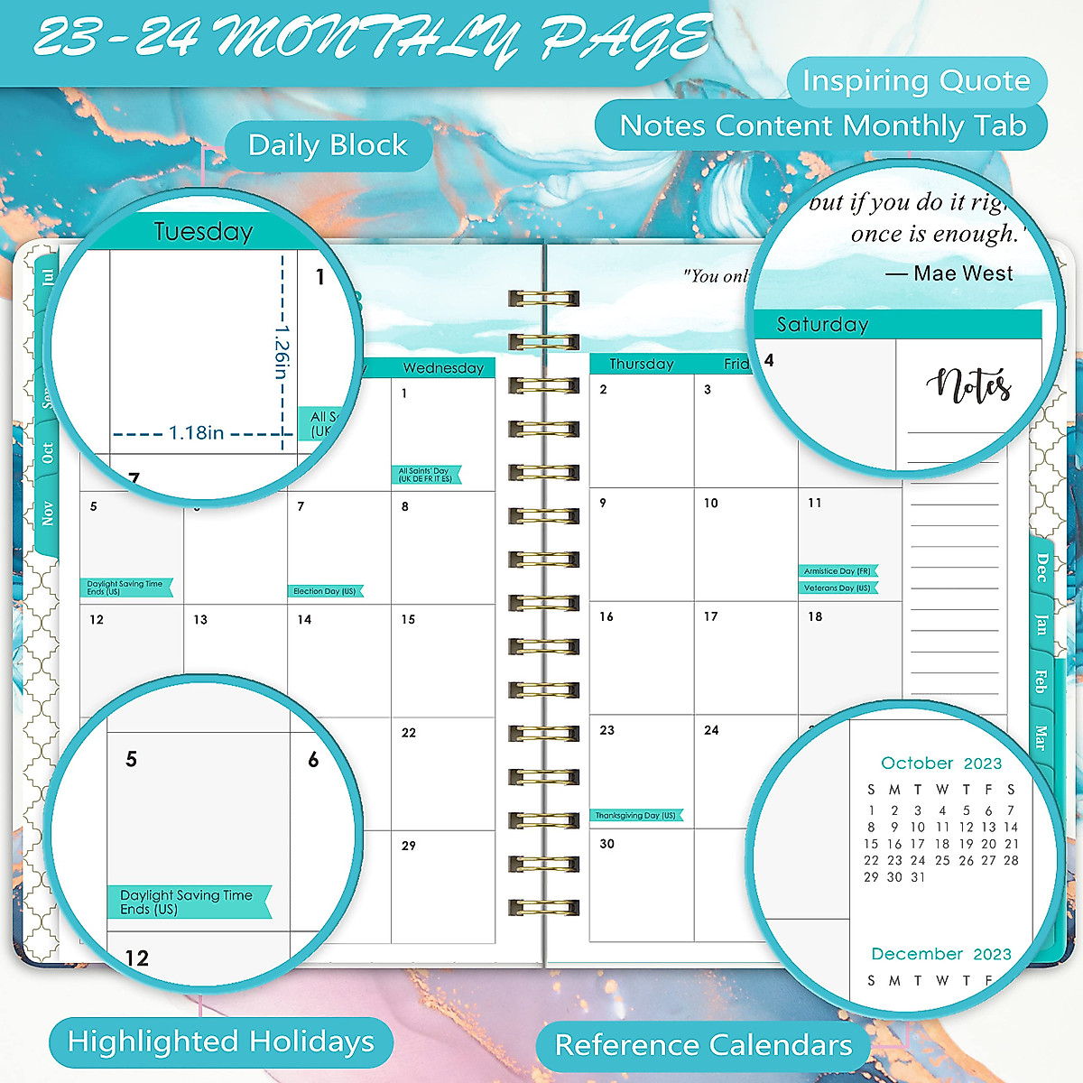 2023-2024 Planner - 2023-2024 Academic Weekly & Monthly Planner with Tabs, 6.3" x 8.4", July 2023 - June 2024, Hardcover with Back Pocket + Thick Paper + Twin-Wire Binding - Contrast Watercolor