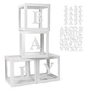 Voircoloria Baby Boxes with 42pcs Letters for Baby Shower Transparent Balloon Boxes Clear Balloon Box Blocks for Boy Girl Gender Reveal Party and Birthday Party (White)