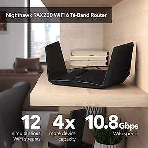 NETGEAR Nighthawk WiFi 6 Router (RAX200) 12-Stream Gigabit Router AX11000 Tri-Band Wireless Speed (Up to 10.8 Gbps) Coverage Up To 2500 sq.ft. And 50 Devices