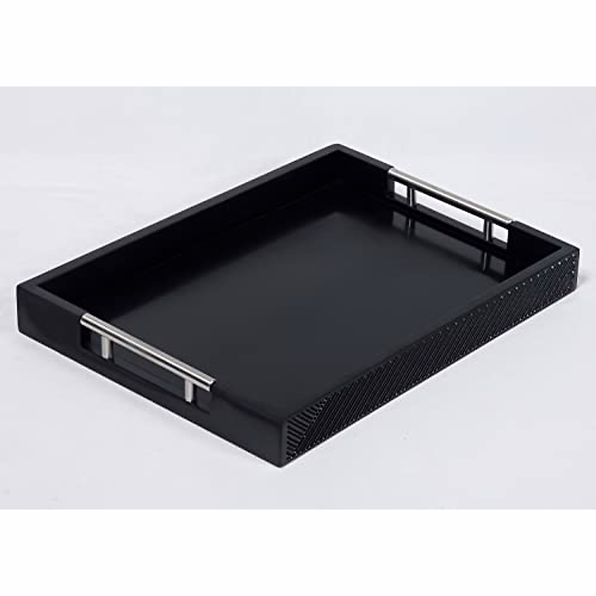 Serving Tray with Polished Metal Handles, 16.5''x12'' Rectangle Coffee Table Tray, Modern Decorative Tray, Large Ottoman Tray, Perfect for Storage and Display (Black)