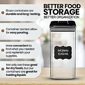 Shazo Airtight Food Storage Container (Set of 6) - BONUS Measuring Cup - Labels & Marker - Durable Plastic - BPA Free - Clear with Improved Lids (Black) - Air Tight Snacks Pantry & Kitchen Canisters