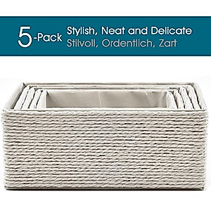 Acrola 5-Pack Decorative Storage Baskets, Stackable, Woven Paper Rope with Fabric Liner (Cream White) ST05001