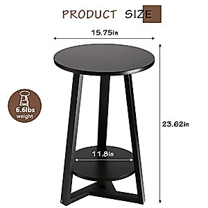 TINSAWOOD Black Side Table, Two-Tier Round End Table, Modern Small Side Table Living Room, Bedroom & Balcony, Black End Table with Storage Shelf with Solid Wooden Legs