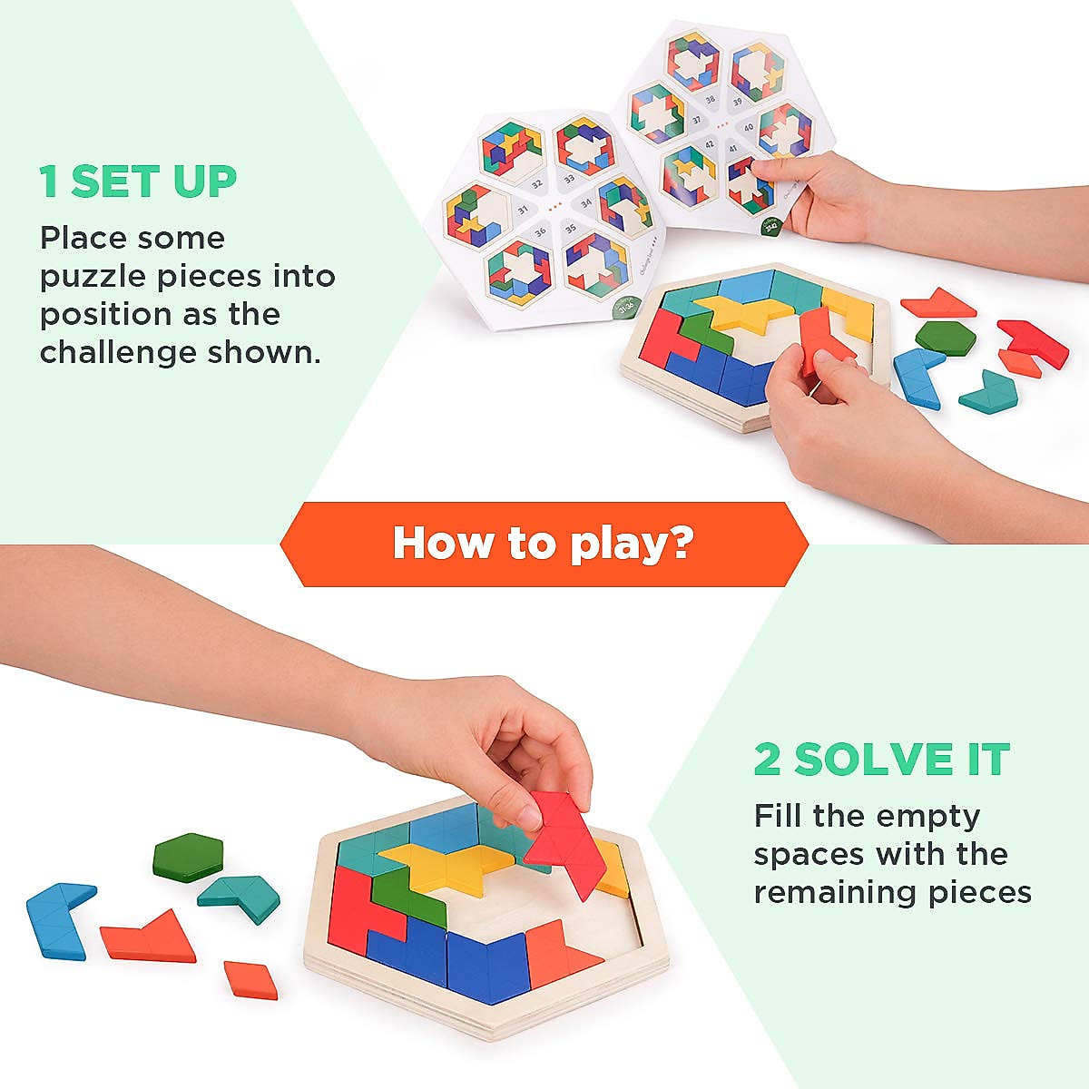 Wooden Hexagon Tangram Puzzle for Kids Adults, Geometric Shape Pattern Blocks, 3D Logic IQ Game, 60 Brain Teaser Challenges, STEM Montessori Educational Toy, Travel Games for Road Trip