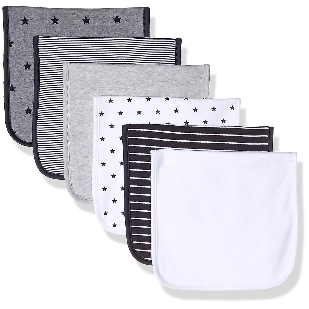 Amazon Essentials Unisex Kids' Burp Cloths, Pack of 6, Black Stripe/Grey Stars/White, One Size