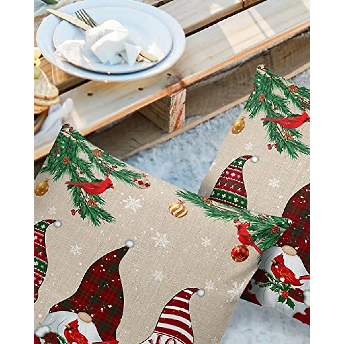 Christmas Gnomes Outdoor Pillow Covers 16 x 16 Inches, Winter Snowflake Waterproof Throw Pillow Cover Set of 2, Xmas Balls Pine Cone Home Decorative Square Cushion Covers for Patio/Tent/Couch/Garden
